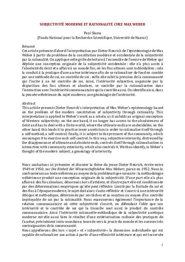 (PDF) "Subjectivité moderne et rationalité chez Max Weber", Klesis, n ...
