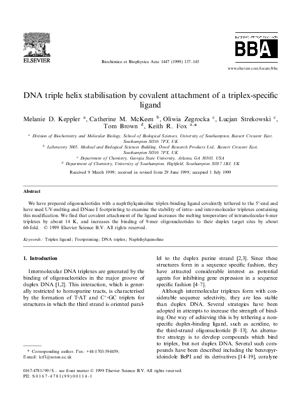 (PDF) DNA triple helix stabilisation by covalent attachment of a ...