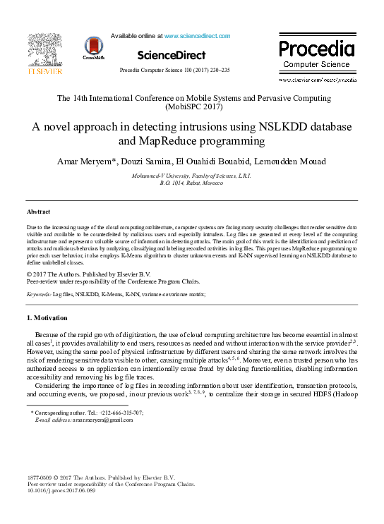 (PDF) A novel approach in detecting intrusions using NSLKDD database and MapReduce programming