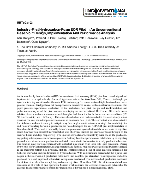 (PDF) Industry-First Hydrocarbon-Foam EOR Pilot in an Unconventional Reservoir: Design ...