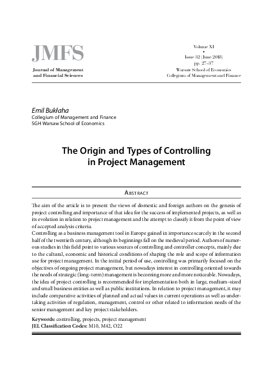 (PDF) The Origin and Types of Controlling in Project Management