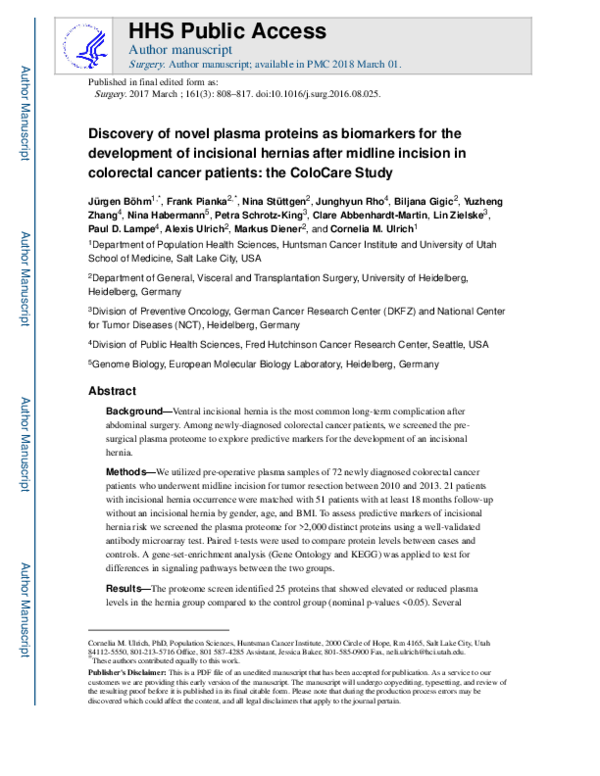 (PDF) Discovery of novel plasma proteins as biomarkers for the ...