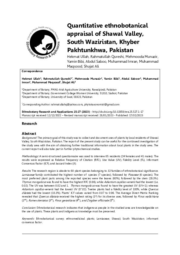 (PDF) Quantitative ethnobotanical appraisal of Shawal Valley, South ...