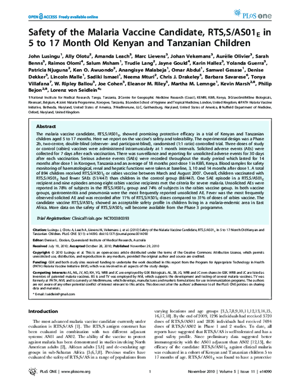 (PDF) Safety of the Malaria Vaccine Candidate, RTS,S/AS01E in 5 to 17 ...