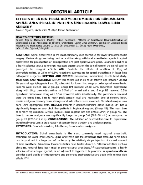 (PDF) Effects of Intrathecal Dexmedetomidine on Bupivacaine Spinal ...