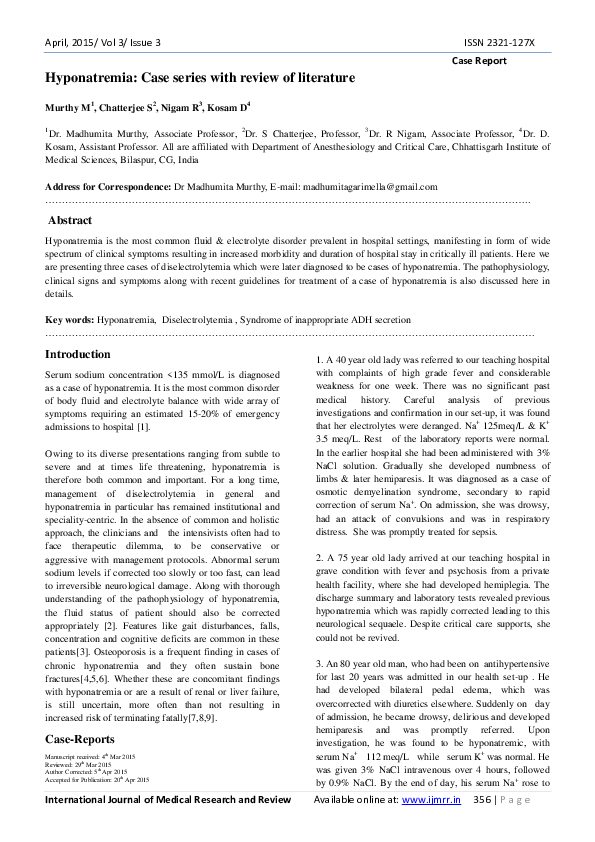 (PDF) Hyponatremia: Case series with review of literature