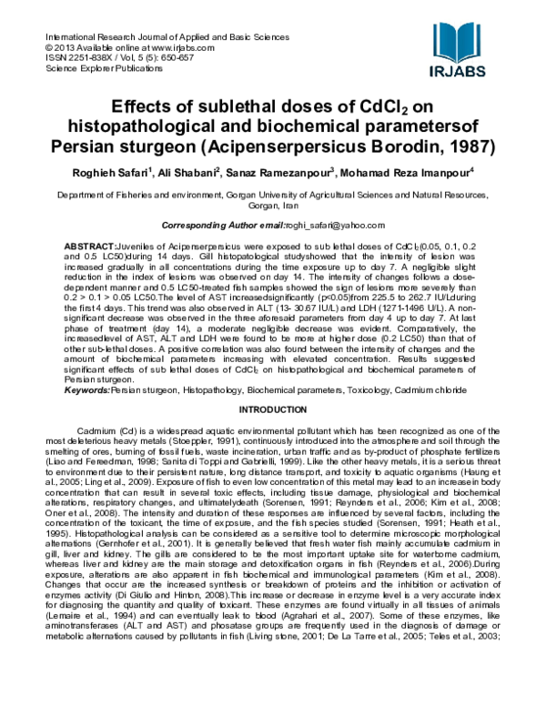 (PDF) Effects of sublethal doses of CdCl 2 on histopathological and biochemical parametersof ...