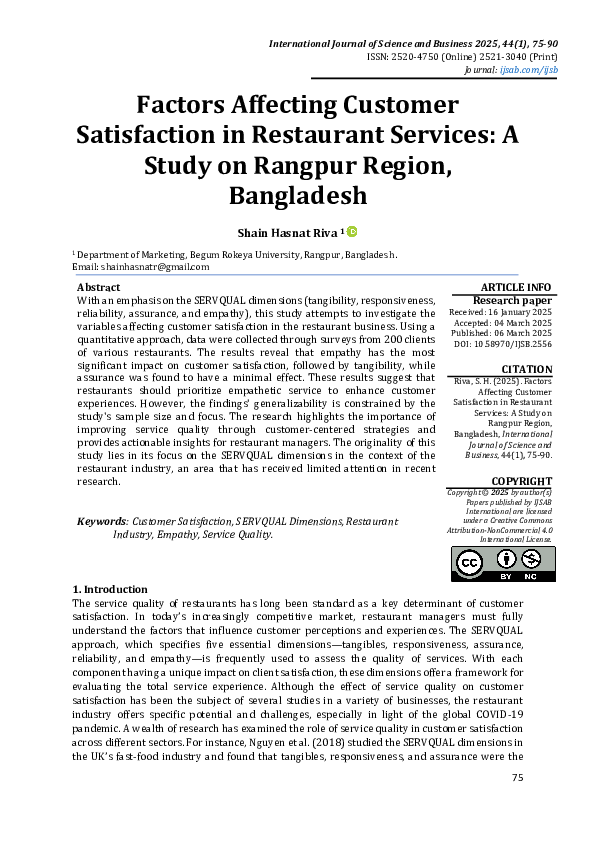 (PDF) Factors Affecting Customer Satisfaction in Restaurant Services: A ...