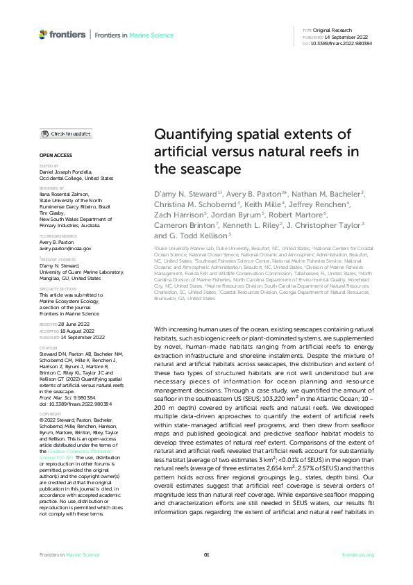 Quantifying spatial extents of artificial versus natural reefs in the seascape