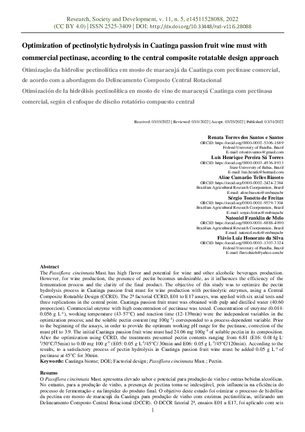 (PDF) Optimization of pectinolytic hydrolysis in Caatinga passion fruit wine must with ...