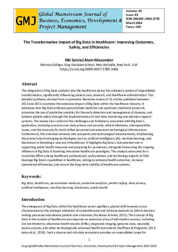 (PDF) The transformative impact of big data in healthcare: improving outcomes, safety, and ...