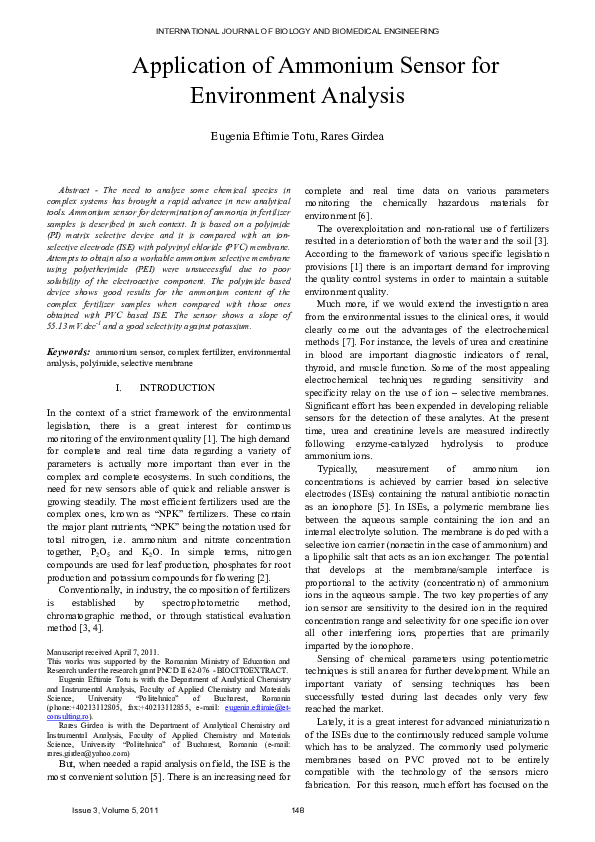 (PDF) Application of Ammonium Sensor for Environment Analysis