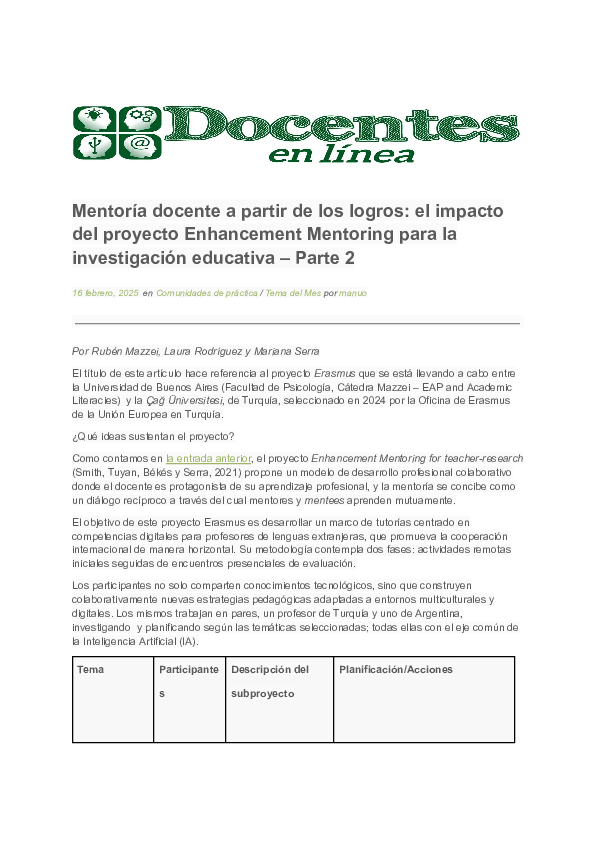 (PDF) Mentoría docente a partir de los logros: el impacto del proyecto Enhancement Mentoring ...
