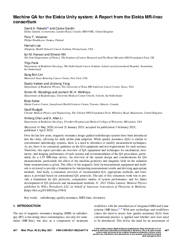 (PDF) Machine QA for the Elekta Unity system: A Report from the Elekta ...