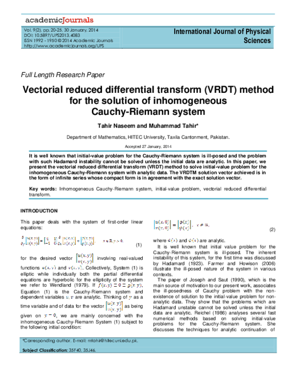 (PDF) Vectorial reduced differential transform (VRDT) method for the solution of inhomogeneous ...