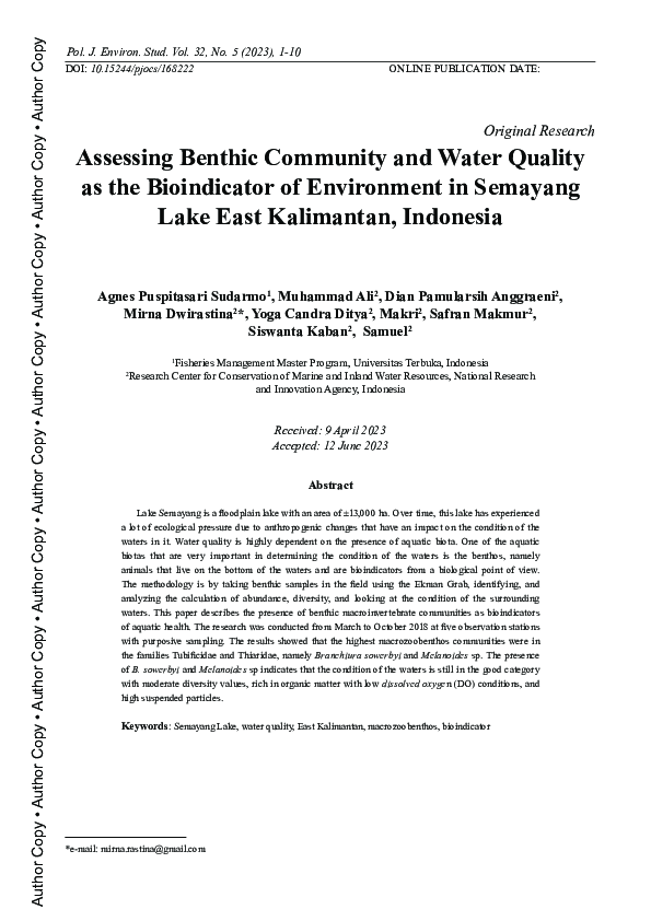 (PDF) Assessing Benthic Community and Water Quality as the Bioindicator ...