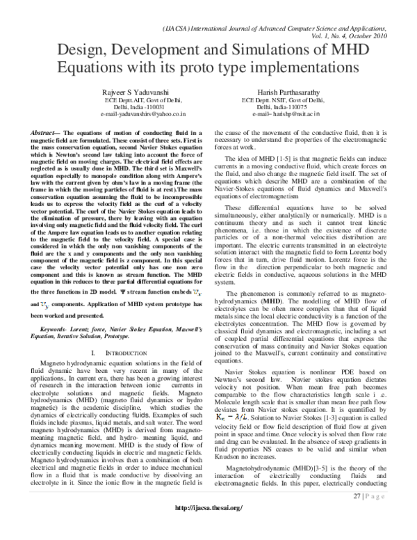 (PDF) Design, Development and Simulations of MHD Equations with its proto type implementations
