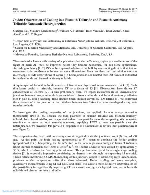 (PDF) In Situ Observation of Cooling in a Bismuth Telluride and Bismuth ...