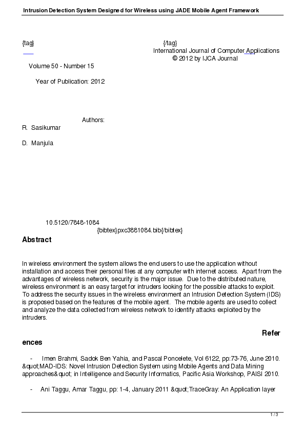 Pdf Intrusion Detection System Designed For Wireless Using Jade Mobile Agent Framework
