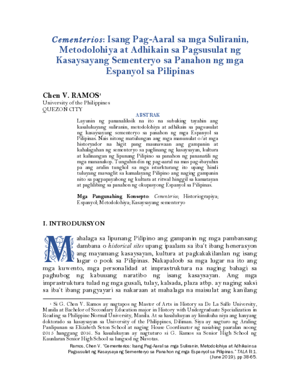 (PDF) Cementerios: Isang Pag-Aaral sa mga Suliranin, Metodolohiya at Adhikain sa Pagsusulat ng ...