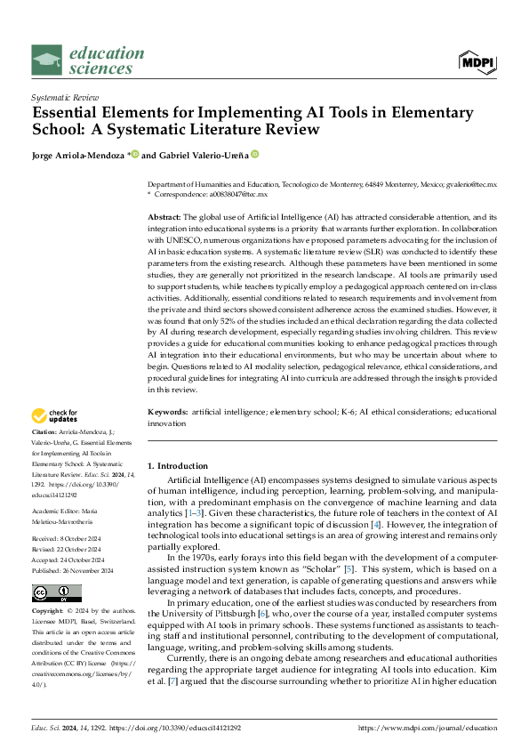 (PDF) Essential Elements for Implementing AI Tools in Elementary School: A Systematic Literature ...