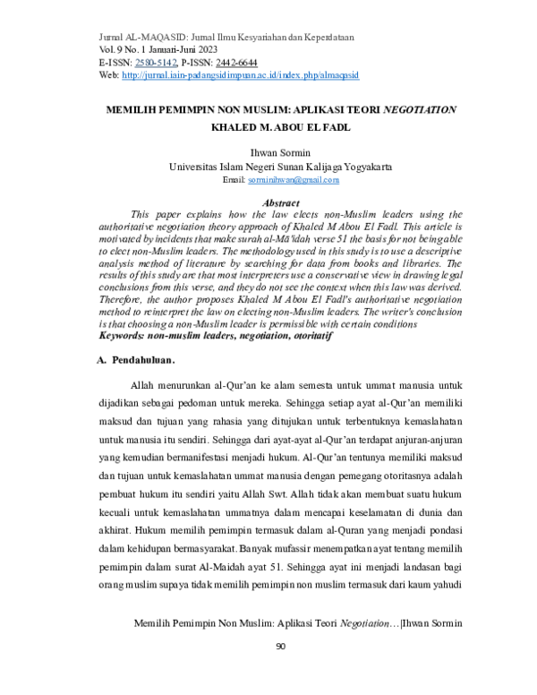 (PDF) Memilih Pemimpin Non Muslim : Aplikasi Teori Negotiation Khaled M. Abou El Fadl