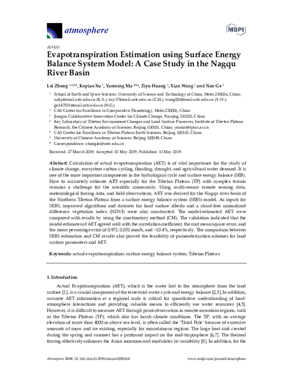 Evapotranspiration Estimation Using Surface Energy Balance System Model: A Case Study in the ...