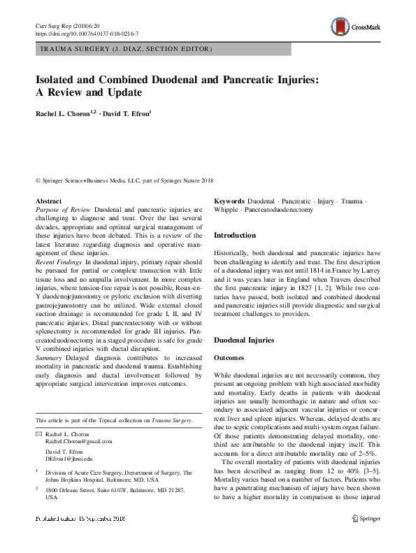 (PDF) Isolated and Combined Duodenal and Pancreatic Injuries: A Review and Update