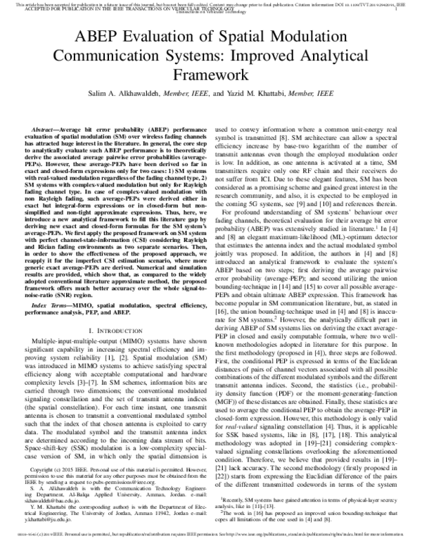 (PDF) ABEP Evaluation of Spatial Modulation Communication Systems: Improved Analytical Framework