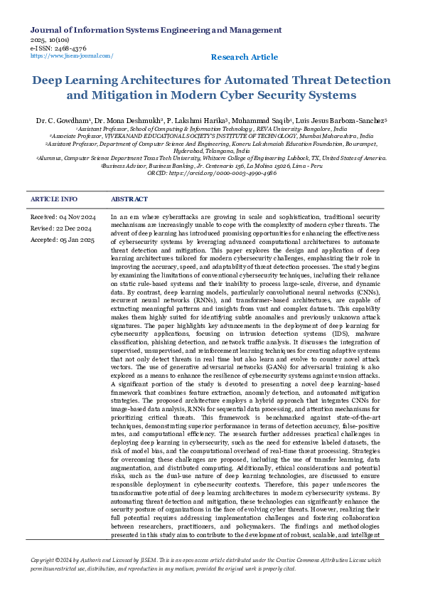 (PDF) Deep Learning Architectures for Automated Threat Detection and Mitigation in Modern Cyber ...