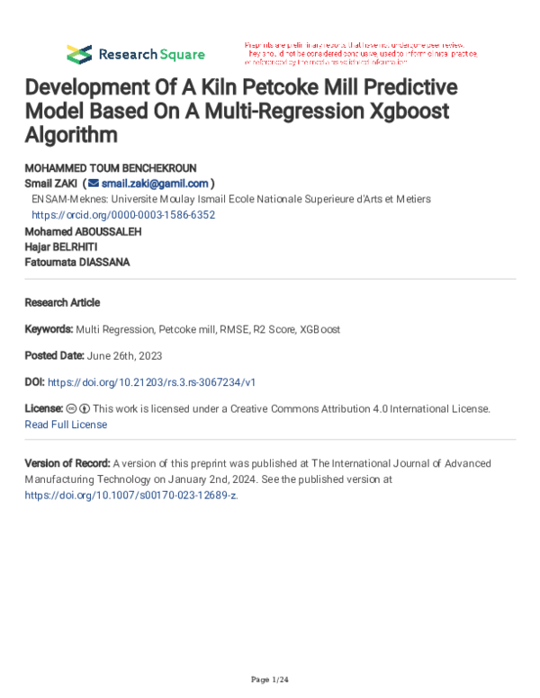 (PDF) Development Of A Kiln Petcoke Mill Predictive Model Based On A Multi-Regression Xgboost ...