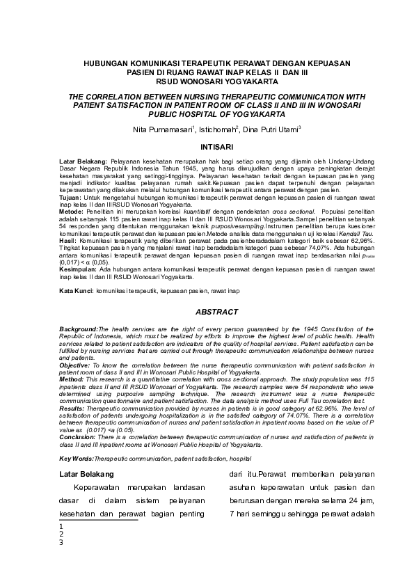 (PDF) Hubungan Komunikasi Terapeutik Perawat Dengan Kepuasan Pasien DI Ruang Rawat Inap Kelas II ...