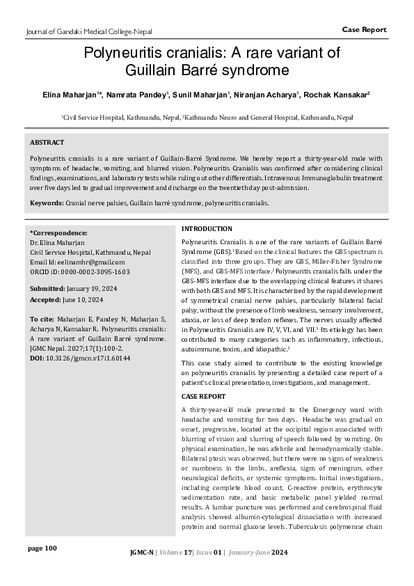 (PDF) Polyneuritis cranialis: A rare variant of Guillain Barré syndrome