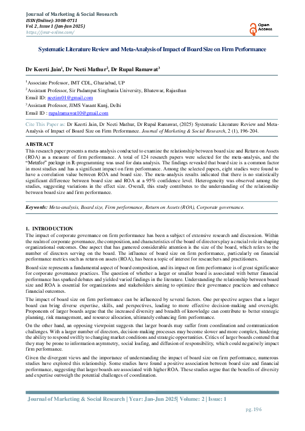 (PDF) Systematic Literature Review and Meta-Analysis of Impact of Board Size on Firm Performance