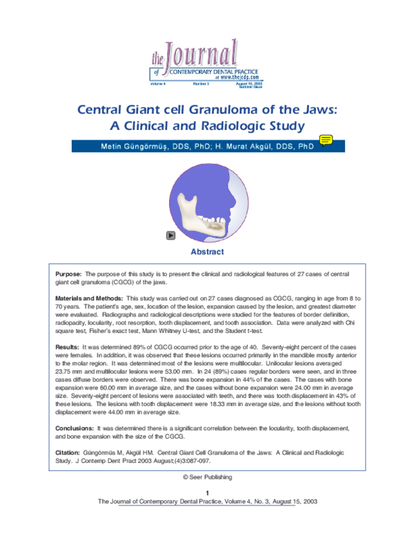 (PDF) Central Giant cell Granuloma of the Jaws: A Clinical and ...