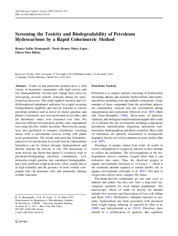 (PDF) Screening the Toxicity and Biodegradability of Petroleum ...