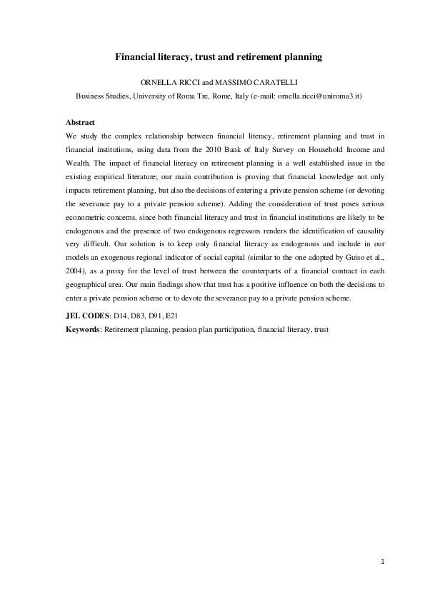(PDF) Financial literacy, trust and retirement planning
