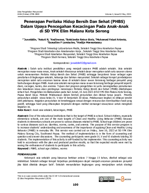 (PDF) Penerapan Perilaku Hidup Bersih Dan Sehat (PHBS) Dalam Upaya Pencegahan Kecacingan Pada ...