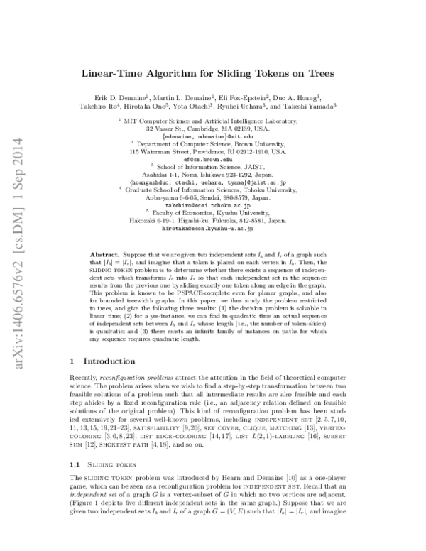 (PDF) Linear-time algorithm for sliding tokens on trees
