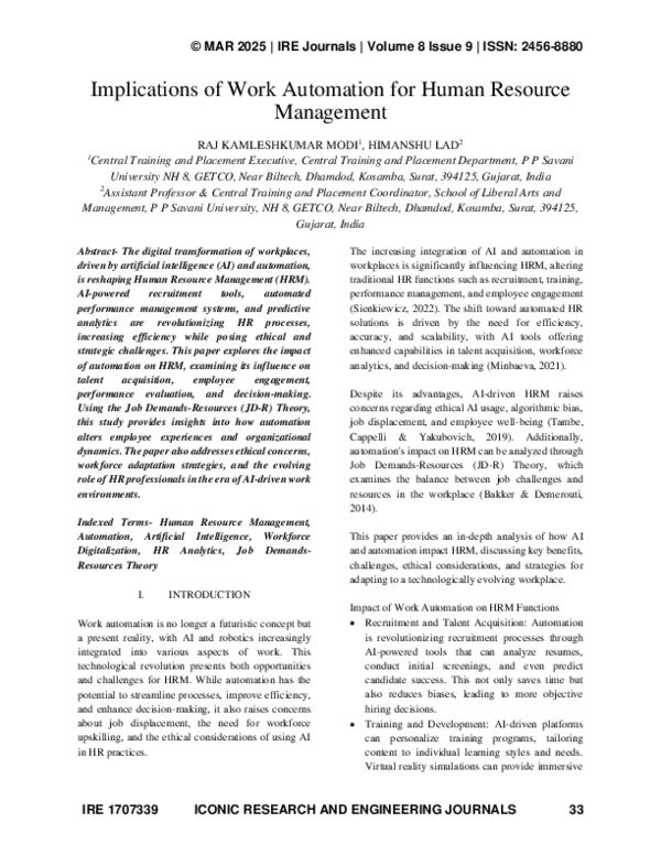 (PDF) Implications of Work Automation for Human Resource Management