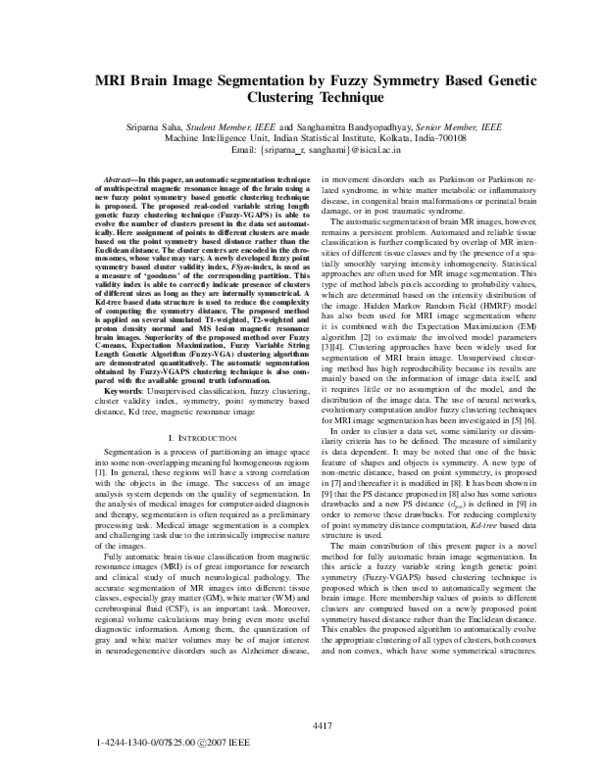 (PDF) MRI brain image segmentation by fuzzy symmetry based genetic clustering technique
