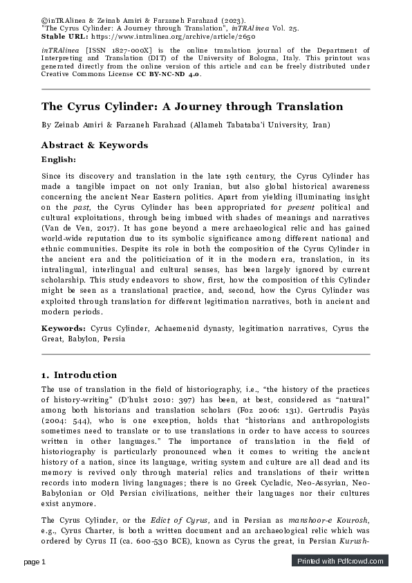 (PDF) The Cyrus Cylinder: A Journey through Translation