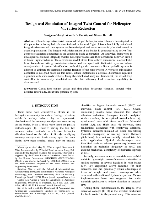 (PDF) Design and Simulation of Integral Twist Control for Helicopter Vibration Reduction