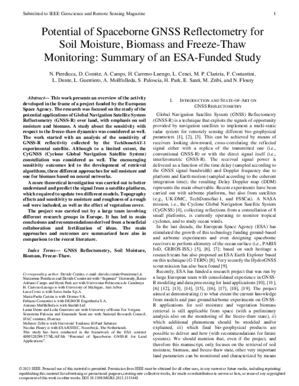 (PDF) The Potential of Spaceborne GNSS Reflectometry for Soil Moisture, Biomass, and Freeze–Thaw ...