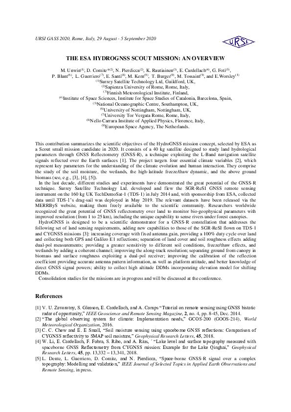 (PDF) The ESA HydroGNSS Scout Mission: An Ovierview