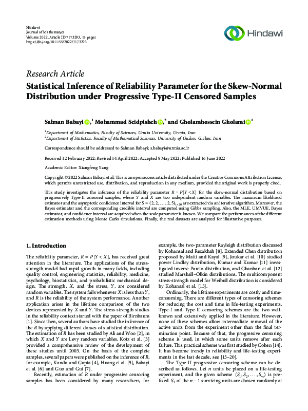 (PDF) Statistical Inference of Reliability Parameter for the Skew-Normal Distribution under ...