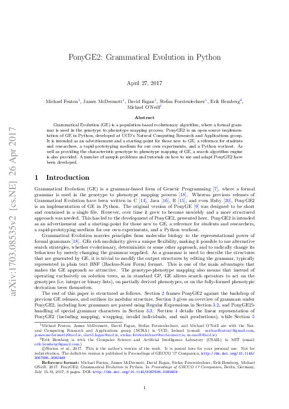 (PDF) PonyGE2: Grammatical Evolution in Python