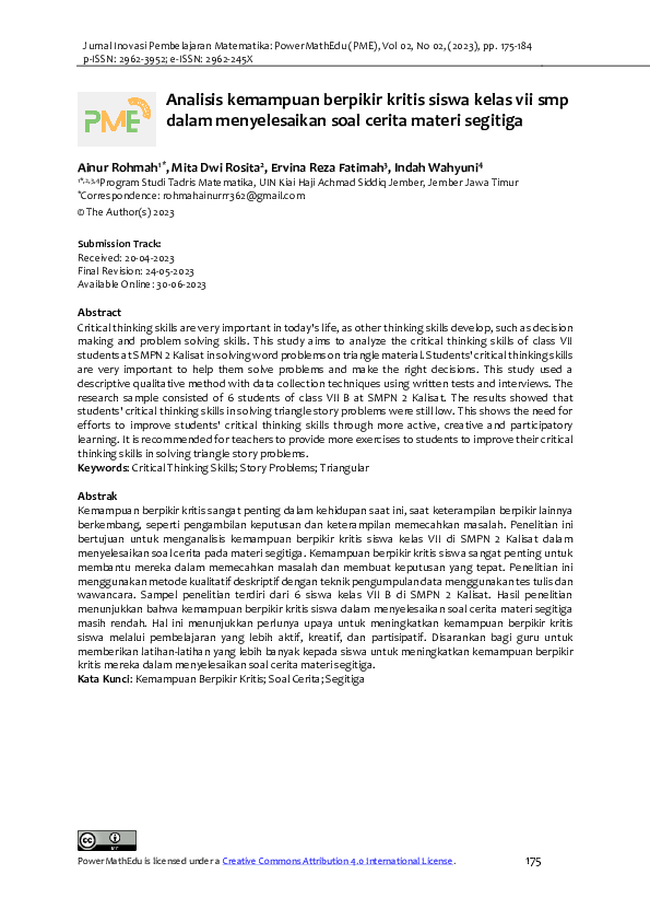 (PDF) Analisis kemampuan berpikir kritis siswa kelas vii smp dalam menyelesaikan soal cerita ...