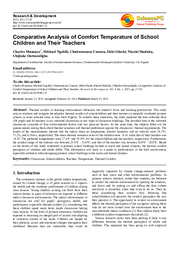(PDF) Comparative Analysis of Comfort Temperature of School Children ...