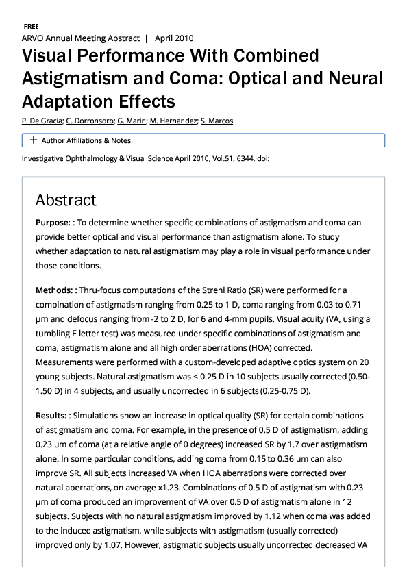 (PDF) Visual Performance With Combined Astigmatism and Coma: Optical ...